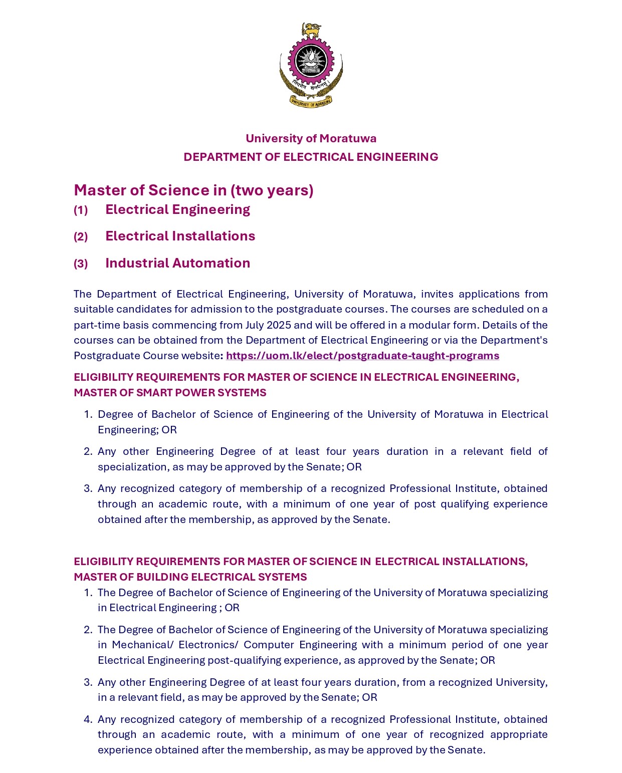 MSc in Electrical Engineering/Electrical Installations/Industrial Automation, PGC in Industrial ...